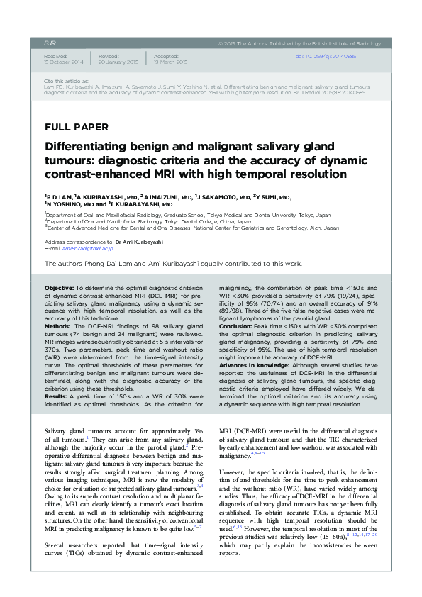 Pdf Dce Mri For Salivary Gland Tumour Diagnosis