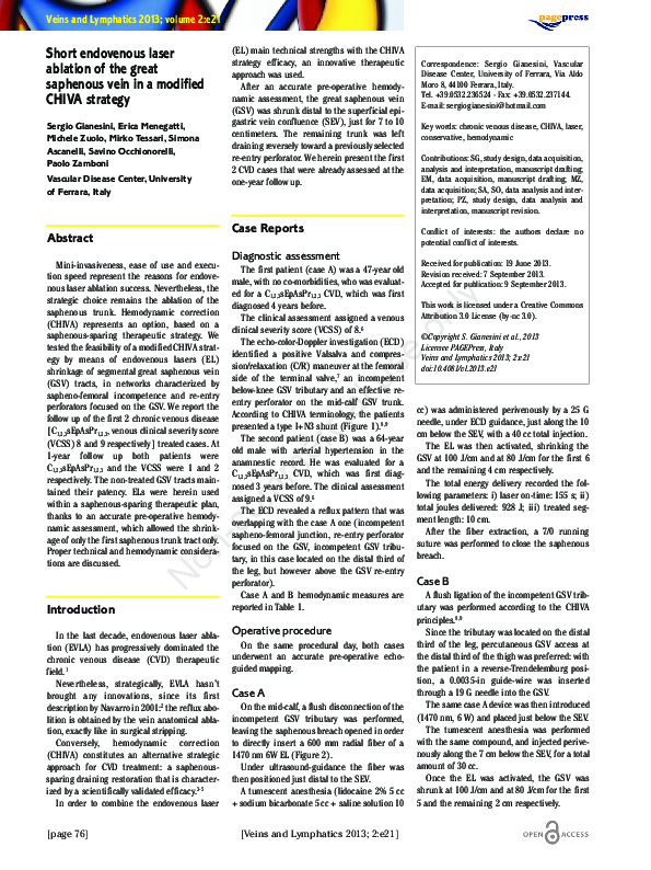 (PDF) Short endovenous laser ablation of the great saphenous vein in a ...
