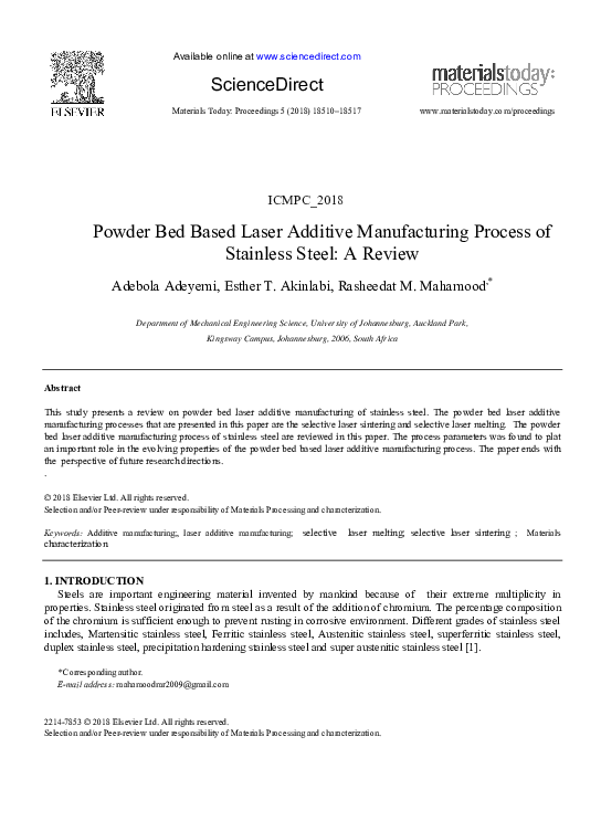 (PDF) Powder Bed Based Laser Additive Manufacturing Process of ...