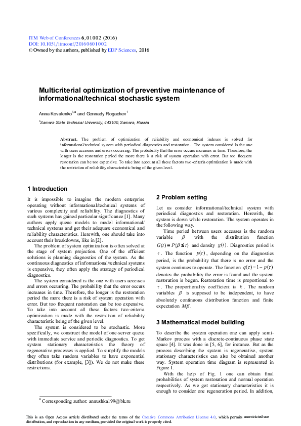 (PDF) Multicriterial optimization of preventive maintenance of informational/technical ...