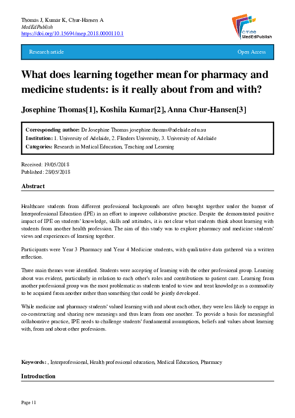 (PDF) What does learning together mean for pharmacy and medicine students: is it really about ...