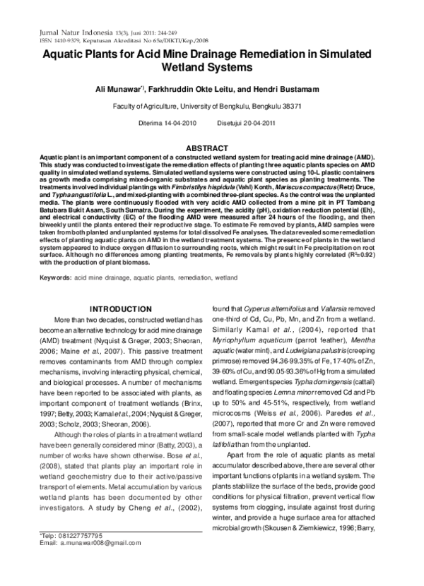 (PDF) Aquatic Plants for Acid Mine Drainage Remediation in Simulated ...