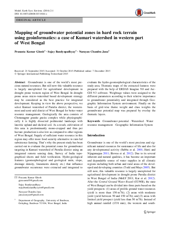 Pdf Mapping Of Groundwater Potential Zones In Hard Rock Terrain Using
