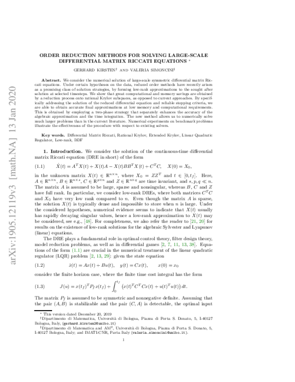 Pdf Order Reduction Methods For Solving Large Scale Differential Matrix Riccati Equations 