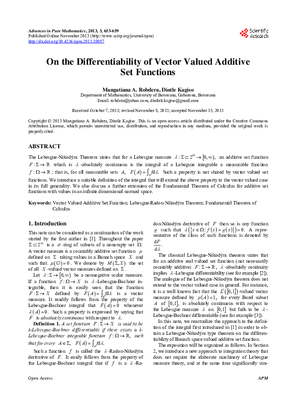 On the Differentiability of Vector Valued Additive Set Functions