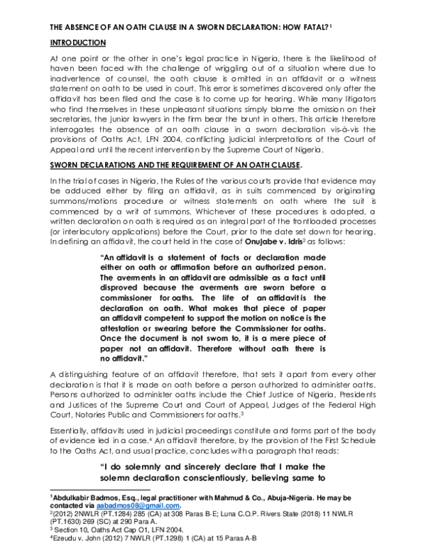 (PDF) THE ABSENCE OF AN OATH CLAUSE IN A SWORN DECLARATION: HOW FATAL?