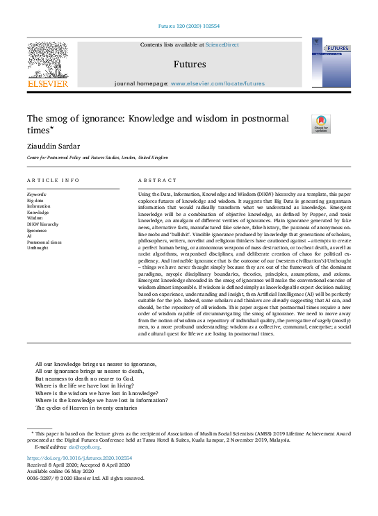 (PDF) The smog of ignorance: Knowledge and wisdom in postnormal times