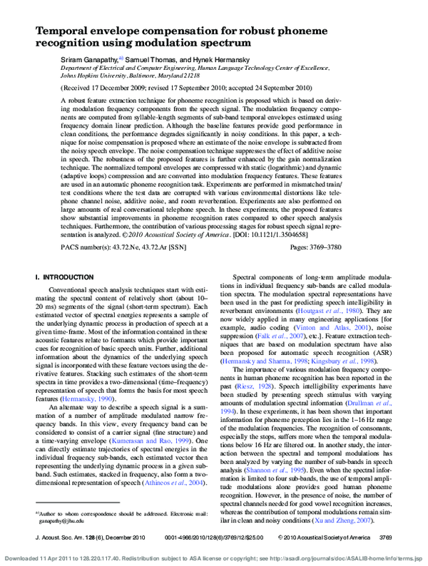 Pdf Temporal Envelope Compensation For Robust Phoneme Recognition Using Modulation Spectrum