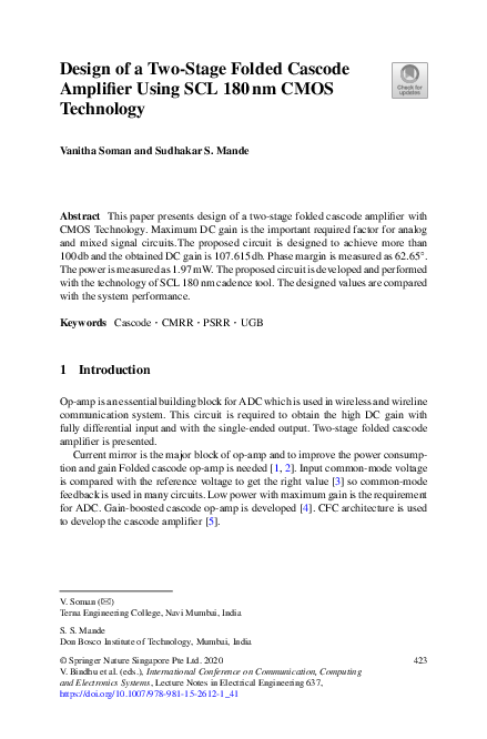 (PDF) Design of a Two-Stage Folded Cascode Amplifier Using SCL 180 nm CMOS Technology