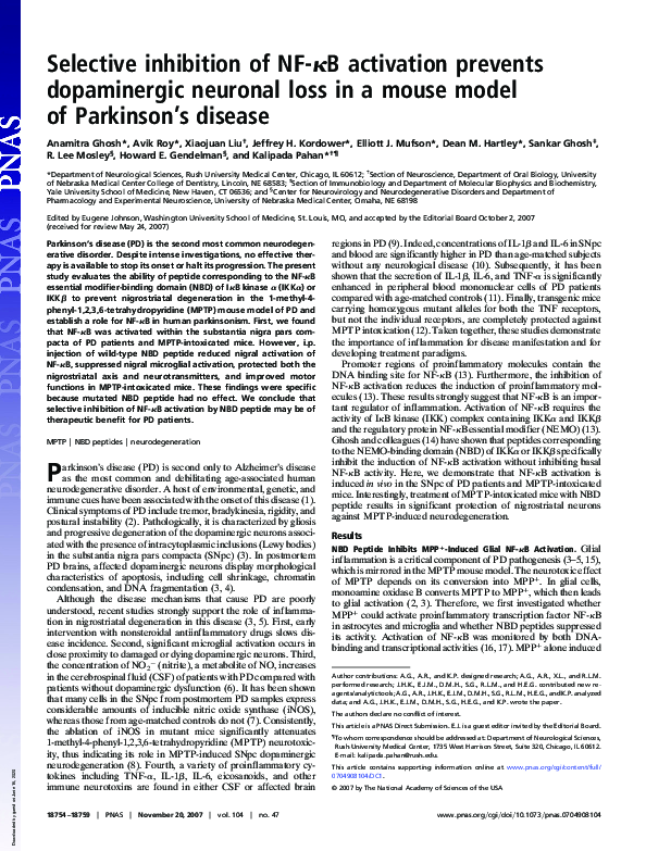 (PDF) Selective inhibition of NF-kappaB activation prevents dopaminergic neuronal loss in a ...