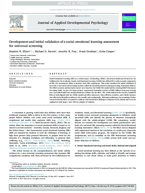 (PDF) Development and initial validation of a social emotional learning ...