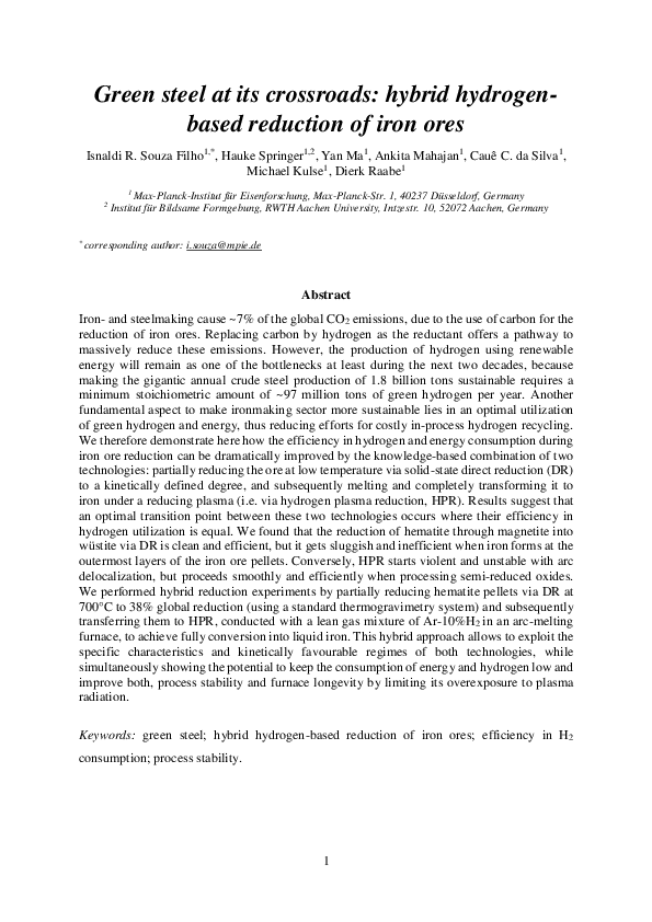(PDF) Green steel at its crossroads: Hybrid hydrogen-based reduction of ...