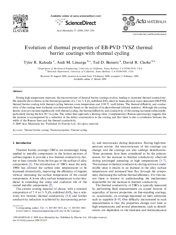 (PDF) Evolution of thermal properties of EB-PVD 7YSZ thermal barrier coatings with thermal cycling
