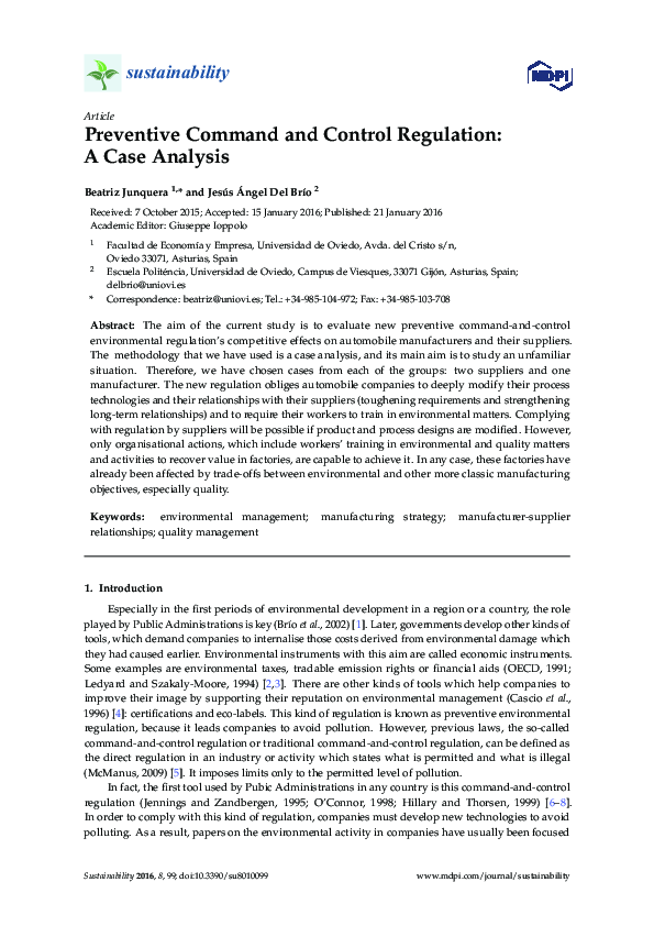 (PDF) Preventive Command and Control Regulation: A Case Analysis