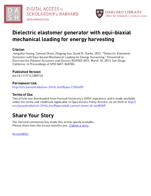 (PDF) Dielectric elastomer generator with equi-biaxial mechanical loading for energy harvesting