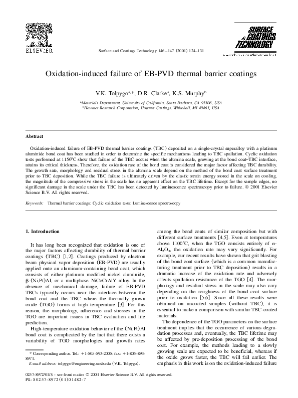 (PDF) Oxidation-induced failure of EB-PVD thermal barrier coatings