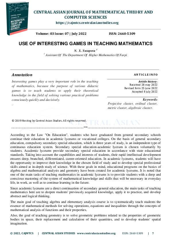 (PDF) USE OF INTERESTING GAMES IN TEACHING MATHEMATICS