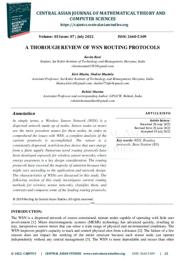 (PDF) A THOROUGH REVIEW OF WSN ROUTING PROTOCOLS (PDF) A THOROUGH REVIEW OF WSN ROUTING PROTOCOLS