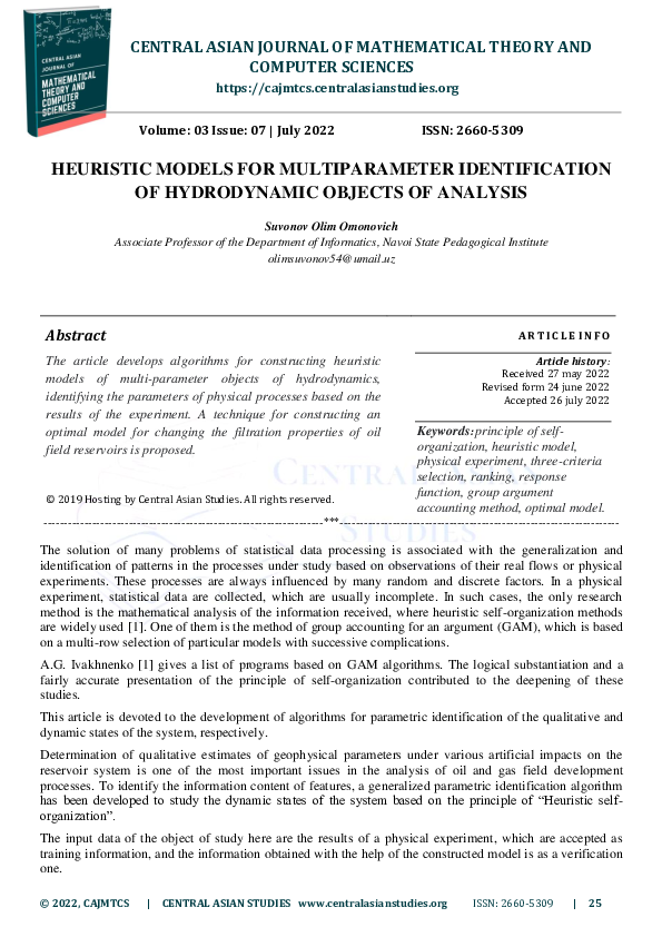 (PDF) HEURISTIC MODELS FOR MULTIPARAMETER IDENTIFICATION OF HYDRODYNAMIC OBJECTS OF ANALYSIS