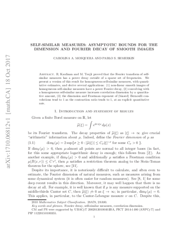 (PDF) Self-similar measures: asymptotic bounds for the dimension and Fourier decay of smooth ...