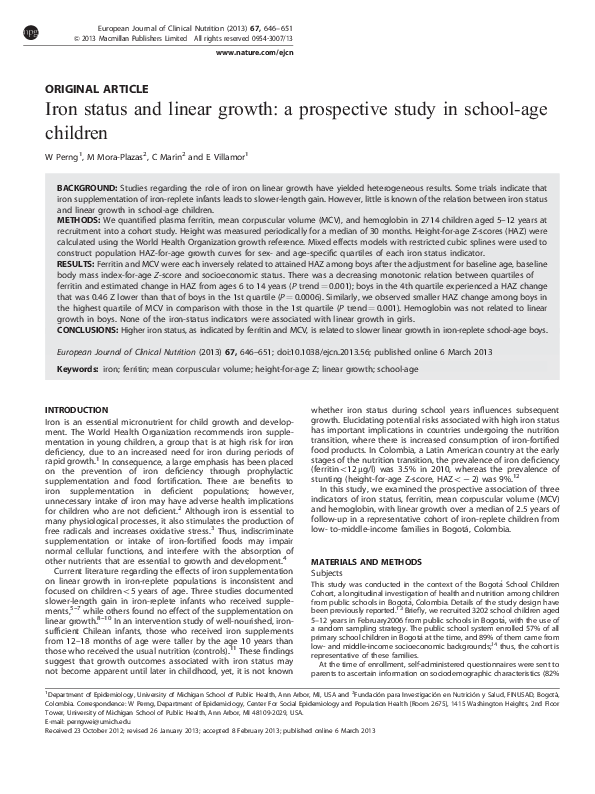 (PDF) Iron status and linear growth: a prospective study in school-age ...