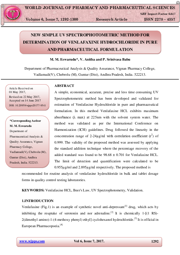 (PDF) New Simple Uv Spectrophotometric Method for Determination of Venlafaxine Hydrochloride in ...