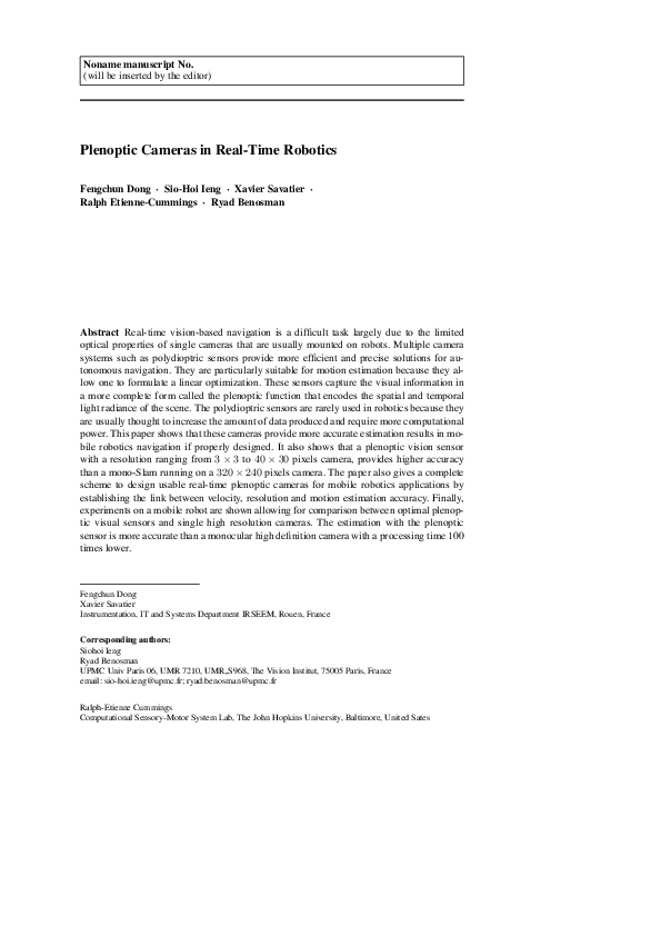 (PDF) Plenoptic cameras in real-time robotics