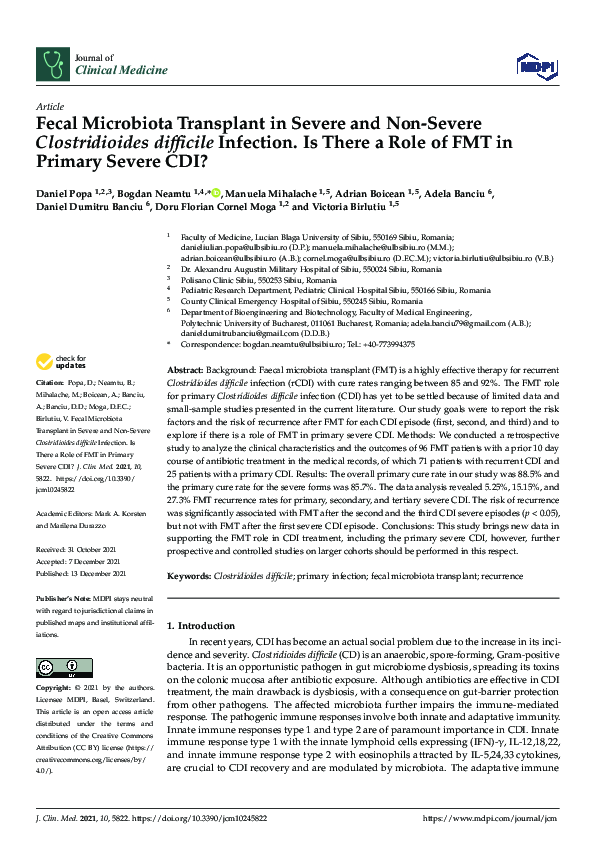 Fecal Microbiota Transplant in Severe and Non-Severe Clostridioides ...