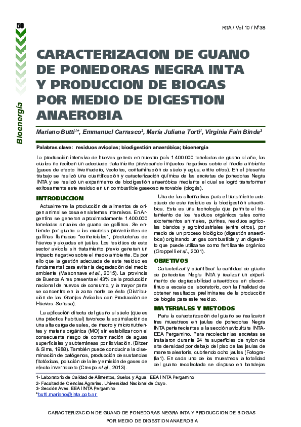 Pdf Caracterización De Guano De Ponedoras Negra Inta Y Producción De