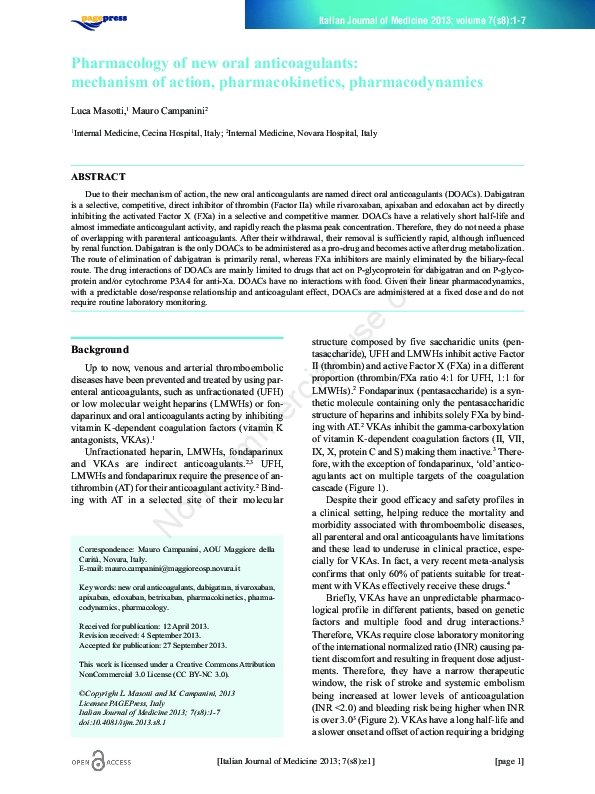 (PDF) Pharmacology of new oral anticoagulants: mechanism of action, pharmacokinetics ...