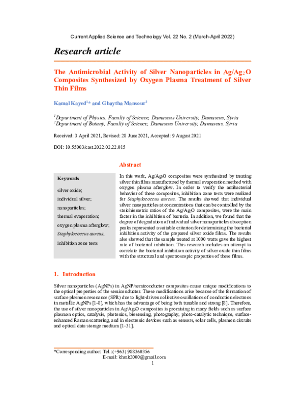 (PDF) The Antimicrobial Activity of Silver Nanoparticles in Ag/Ag2O ...