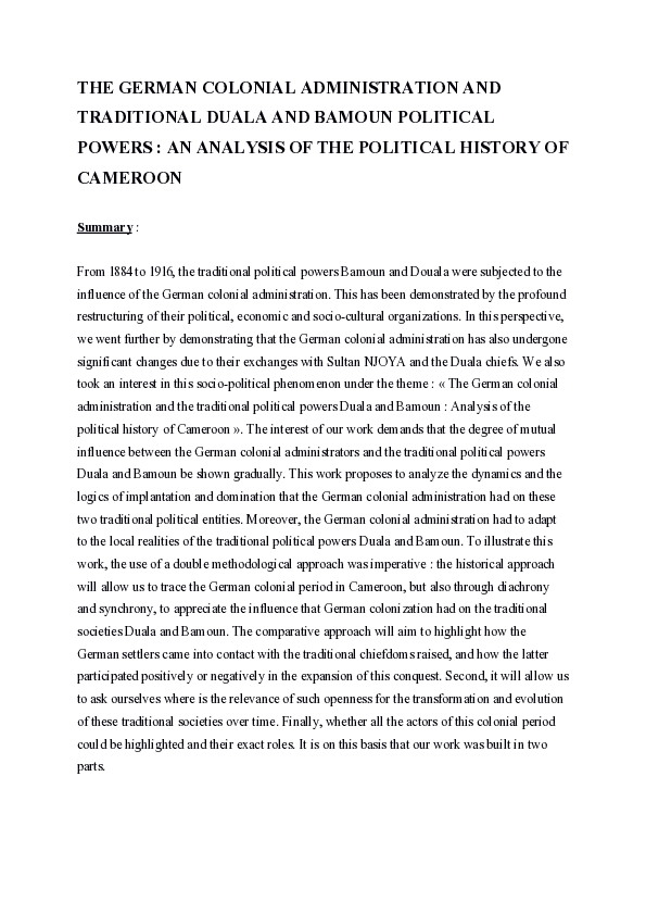 (PDF) THE GERMAN COLONIAL ADMINISTRATION AND TRADITIONAL DUALA AND BAMOUN POLITICAL POWERS : AN ...