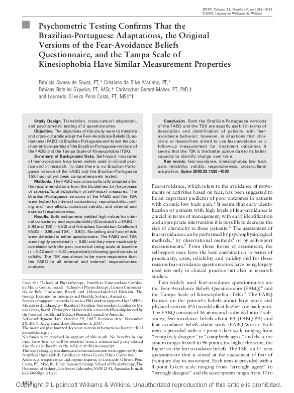 (PDF) Psychometric Evaluation of FABQ and TSK in Brazil