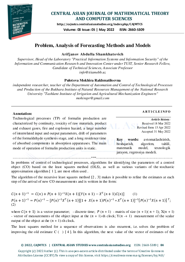 (PDF) Problem, Analysis of Forecasting Methods and Models