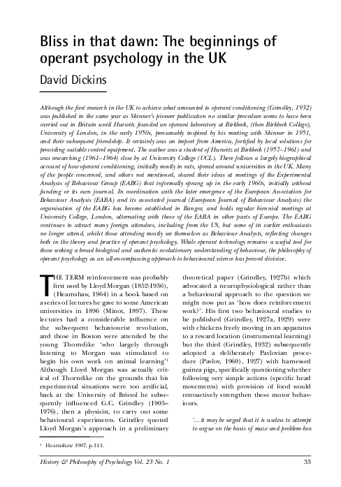 (PDF) Bliss in that dawn: The beginnings of operant psychology in the UK