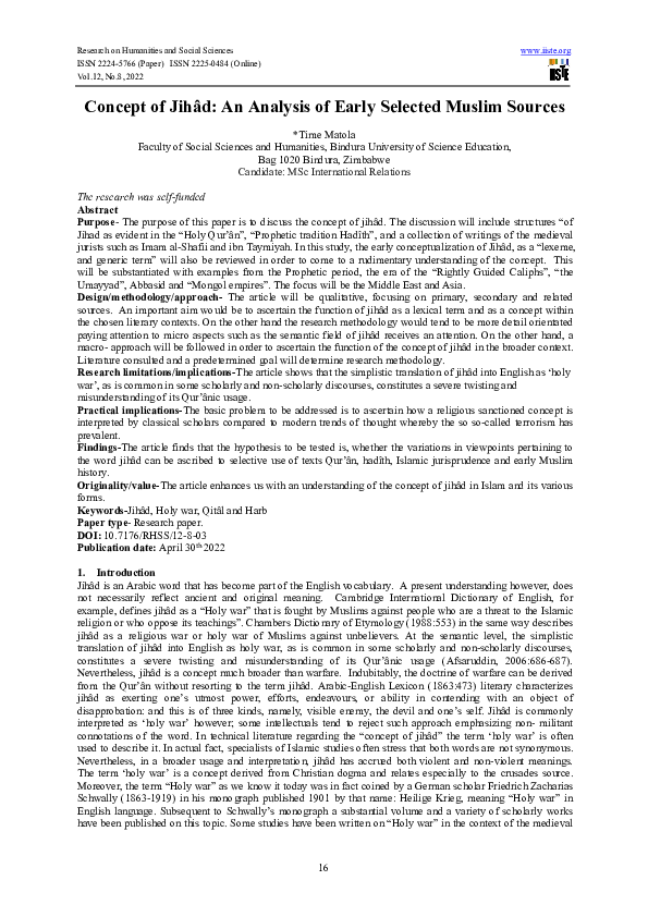 (PDF) Concept of Jihâd: An Analysis of Early Selected Muslim Sources