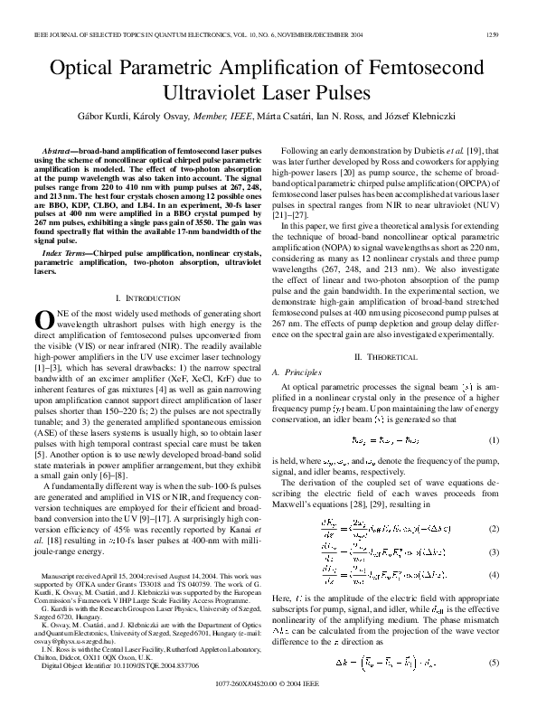 (PDF) Optical Parametric Amplification of Femtosecond Ultraviolet Laser Pulses