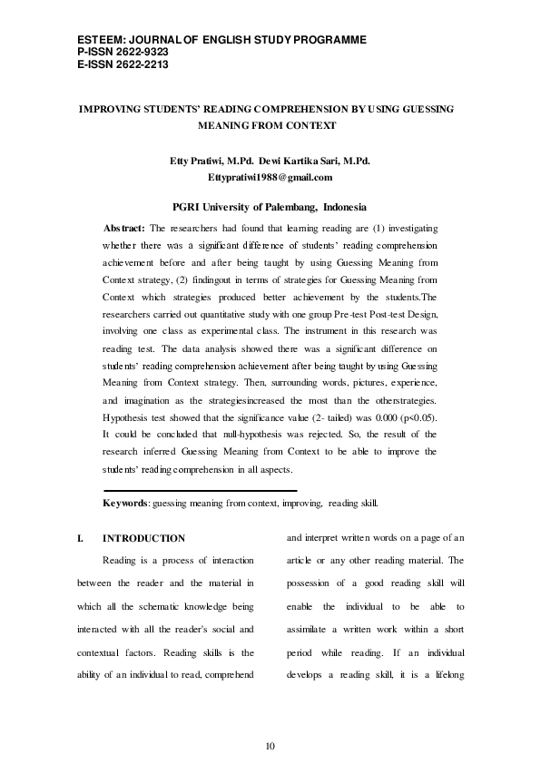 (PDF) Improving Students’ Reading Comprehension by Using Guessing Meaning from Context