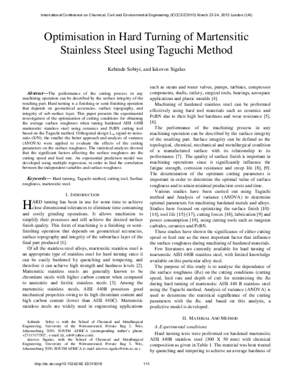 (PDF) Optimisation in Hard Turning of Martensitic Stainless Steel Using Taguchi Method