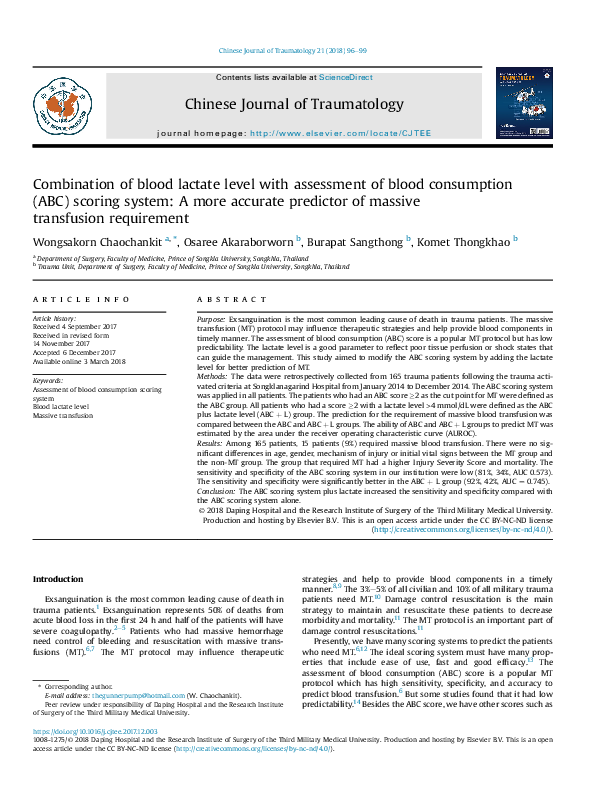 (PDF) Combination of blood lactate level with assessment of blood ...