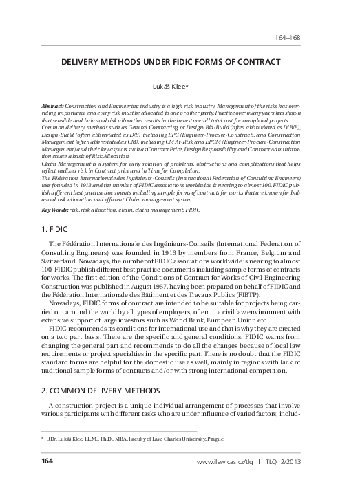 (PDF) Delivery Methods Under FIDIC Forms of Contract
