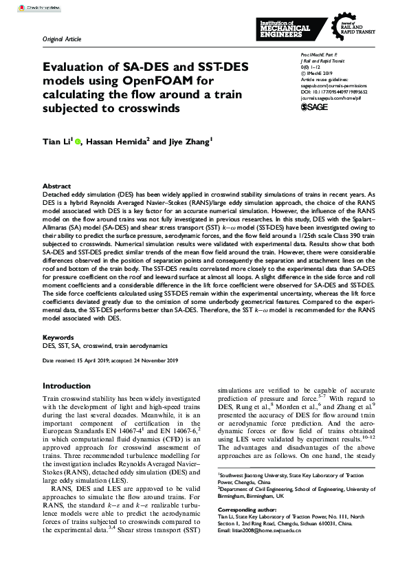 Pdf Evaluation Of Sa Des And Sst Des Models Using Openfoam For Calculating The Flow Around A