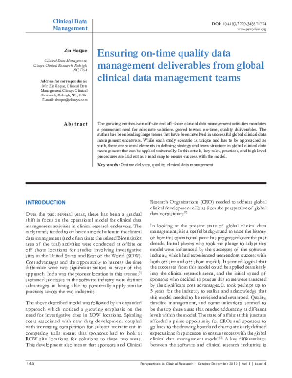 (PDF) Ensuring on-time quality data management deliverables from global ...