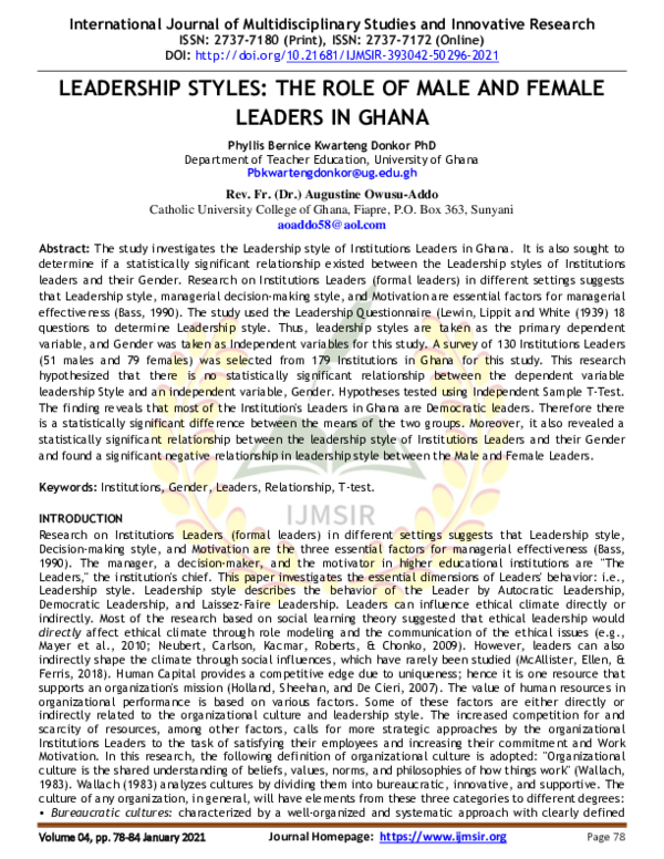 (PDF) LEADERSHIP STYLES: THE ROLE OF MALE AND FEMALE LEADERS IN GHANA