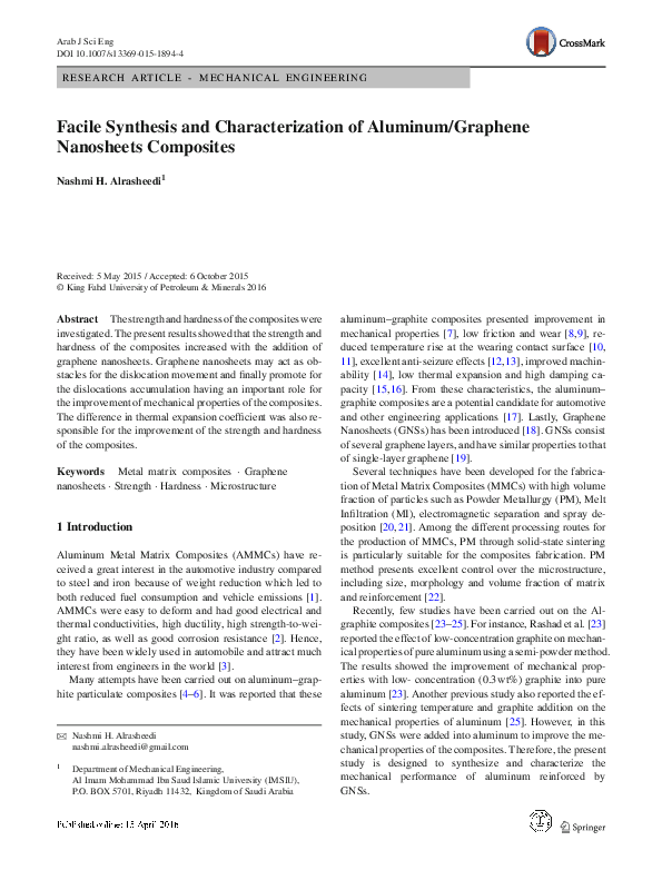(PDF) Facile Synthesis and Characterization of Aluminum/Graphene ... (PDF) Facile Synthesis and Characterization of Aluminum/Graphene ...