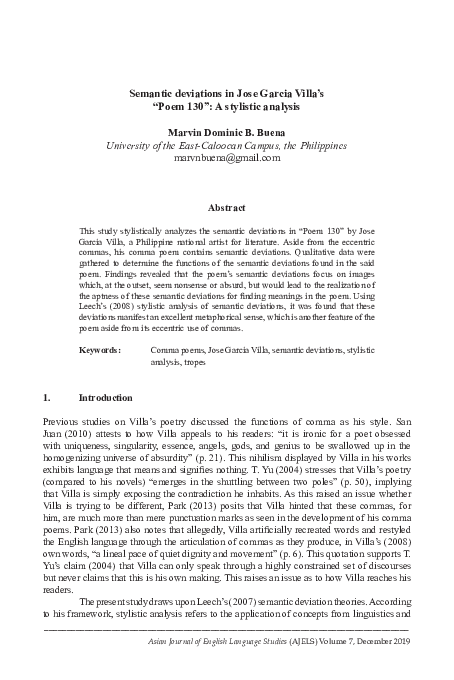(PDF) Semantic deviations in Jose Garcia Villa's "Poem 130": A stylistic analysis