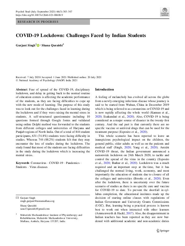 (PDF) COVID-19 Lockdown: Challenges Faced by Indian Students