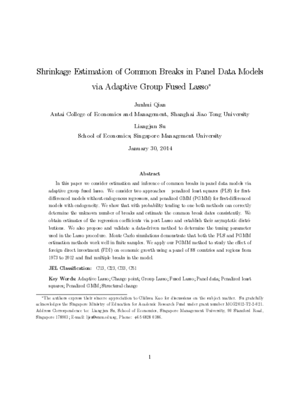 Pdf Shrinkage Estimation Of Common Breaks In Panel Data Models Via
