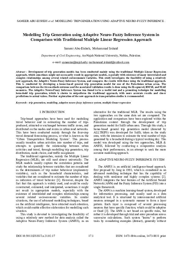 Pdf Modelling Trip Generation Using Adaptive Neuro Fuzzy Inference System In Comparison With