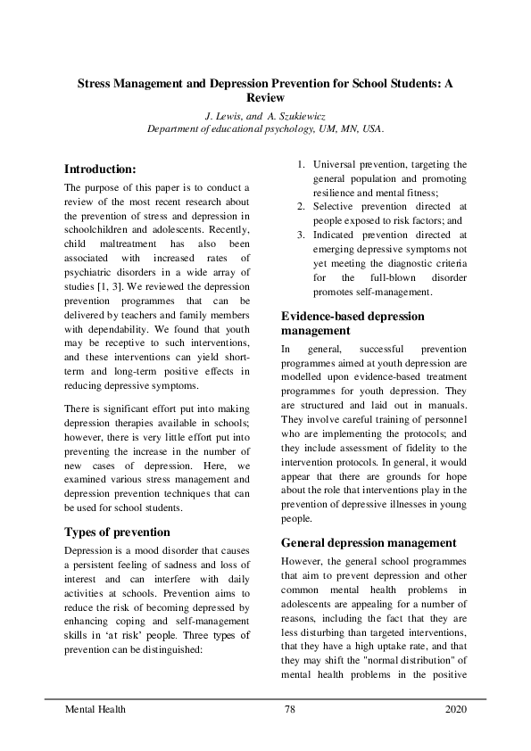 (PDF) Stress Management and Depression Prevention for School Students ...